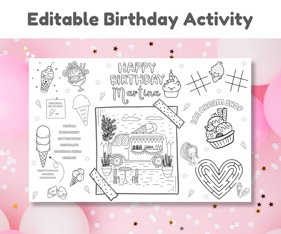 EDITABLE Ice Cream Placemat. Personalised Girl Ice Cream Birthday Party ...