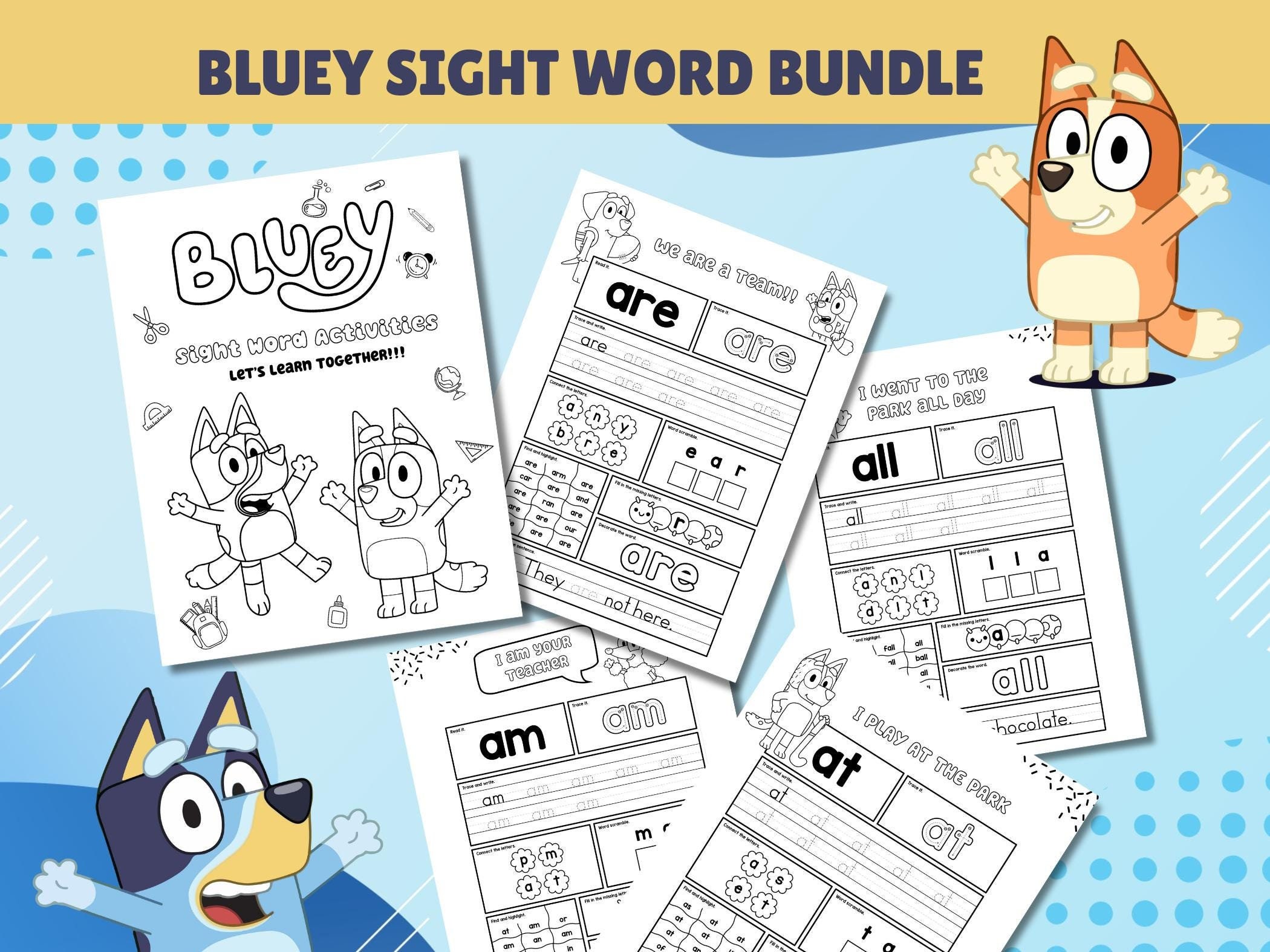 BLUEY SIGHT WORDS Bundle - Bluey Words Activity - Kids Learning Pages ...