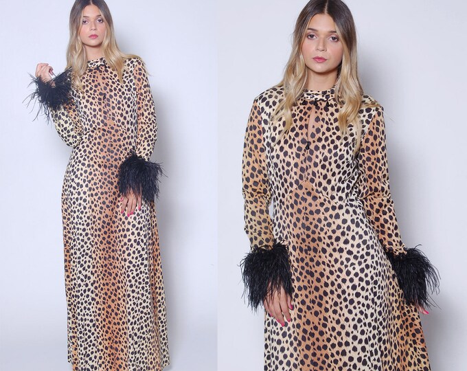 Vintage 60s LEOPARD Dress 60s Maxi Dress Leopard Gown With Ostrich ...