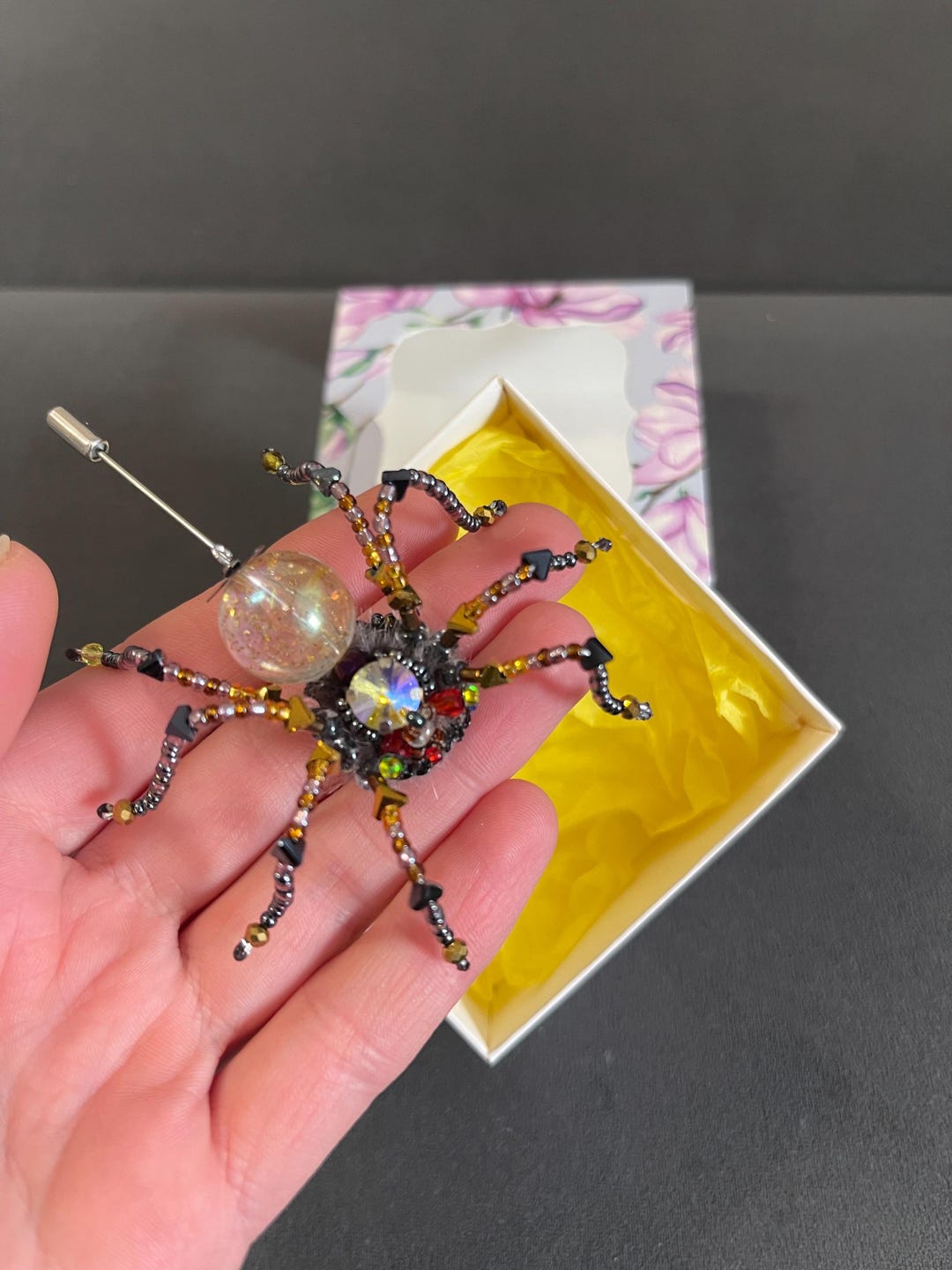 Beaded Spider Brooch, Spider Needle Brooch, Brown Spider, Handmade ...