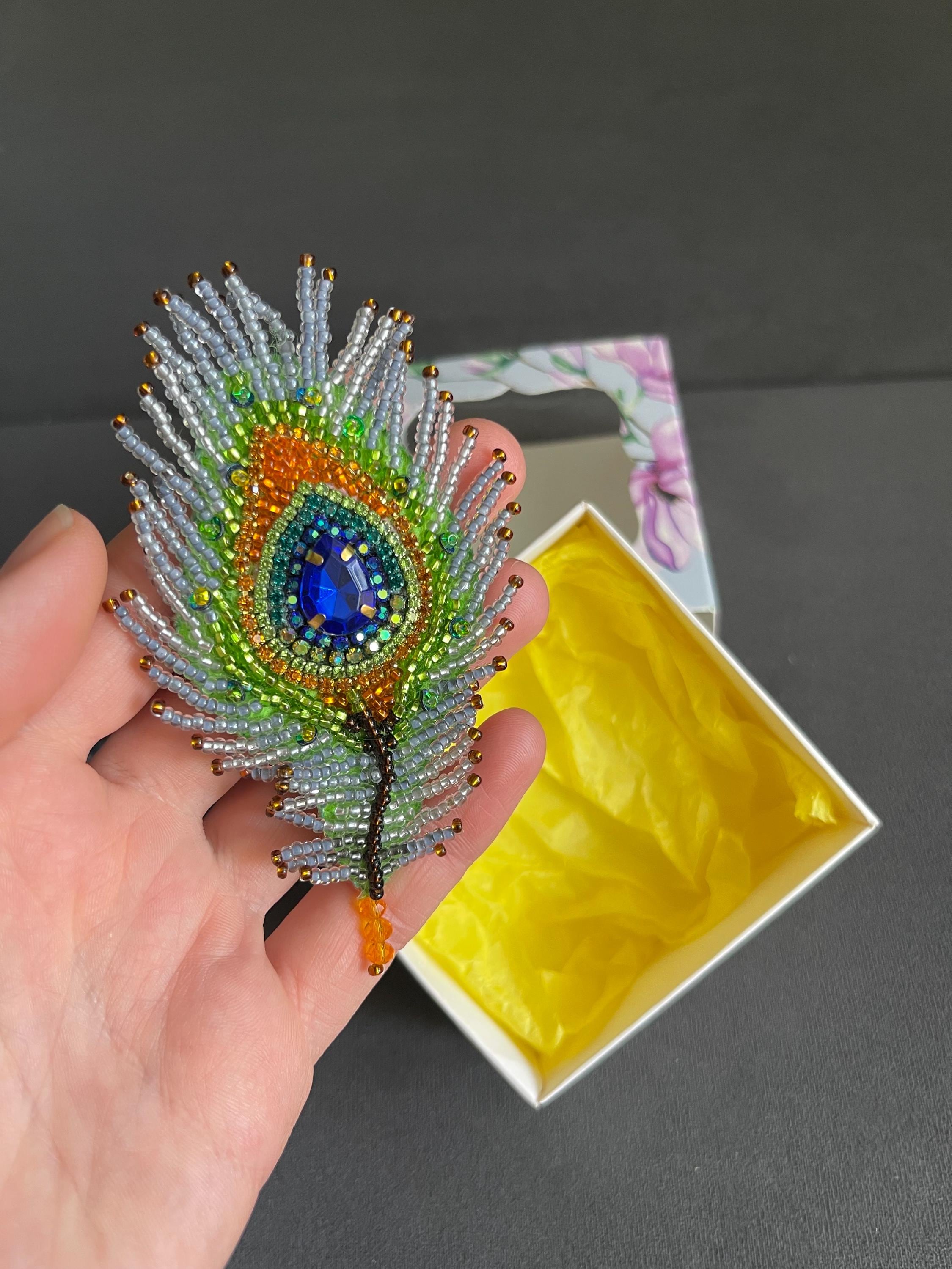 Peacock Feather Brooch, Feather Beaded, Peacock Feather With Stones ...