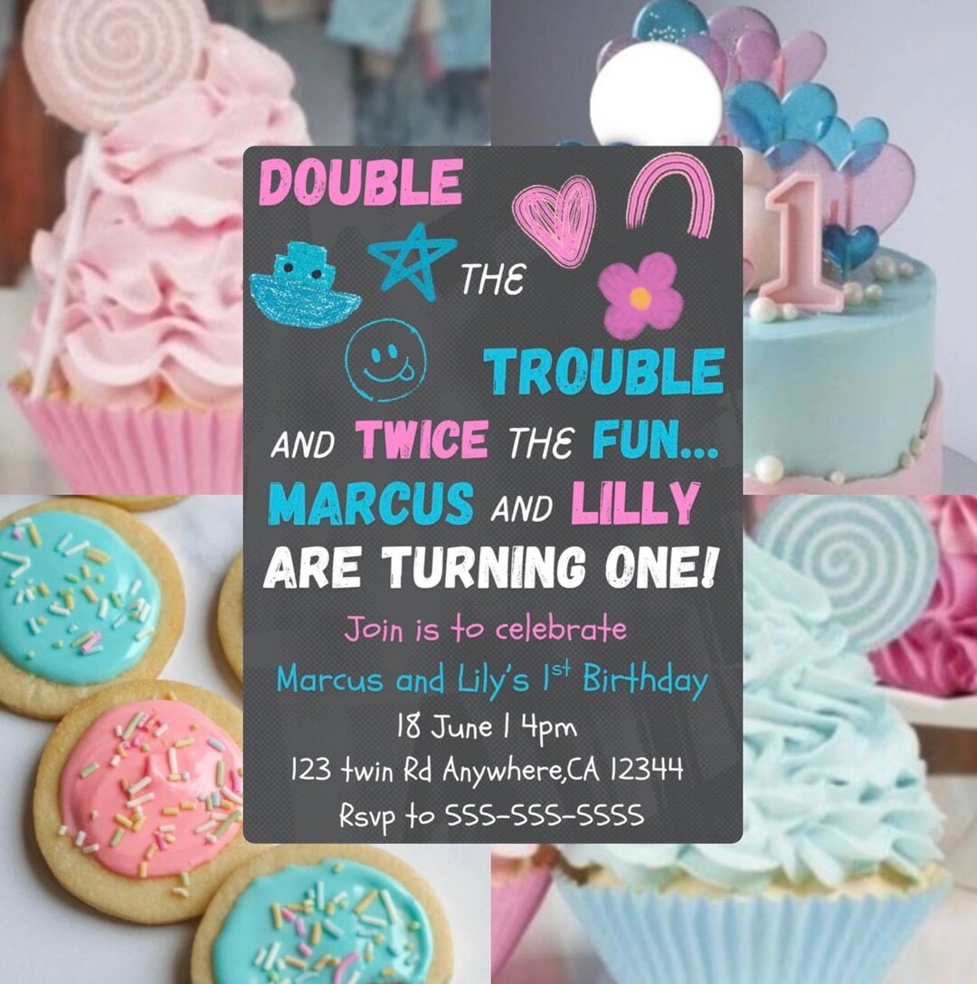 Twins First Birthday Invitation: Double Trouble Editable Template ...
