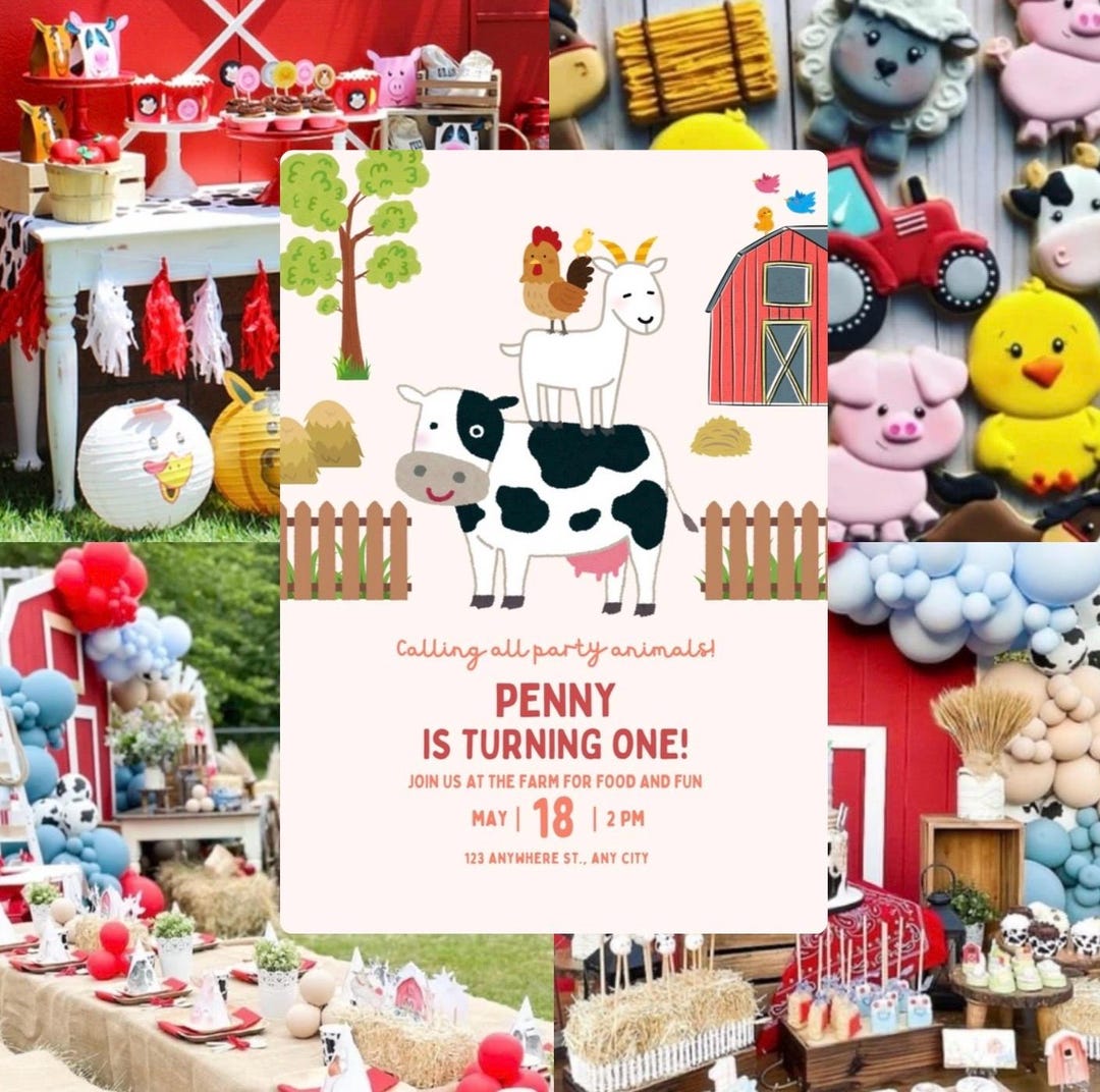 Farm Animal First Birthday Invitation- Calling All Party Animals First ...