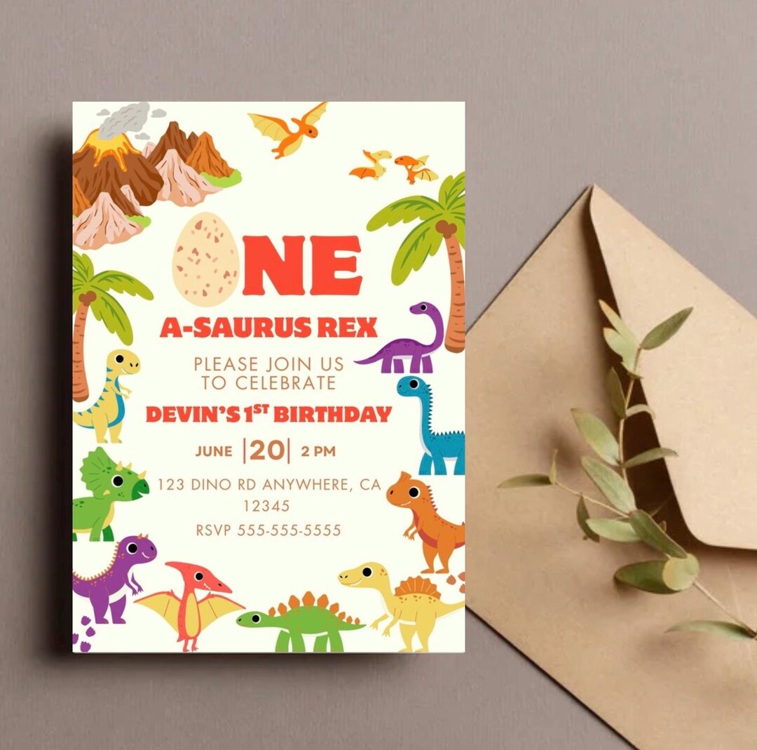 One A Saurus Rex-first Birthday Invitation-editable Canva Template ...