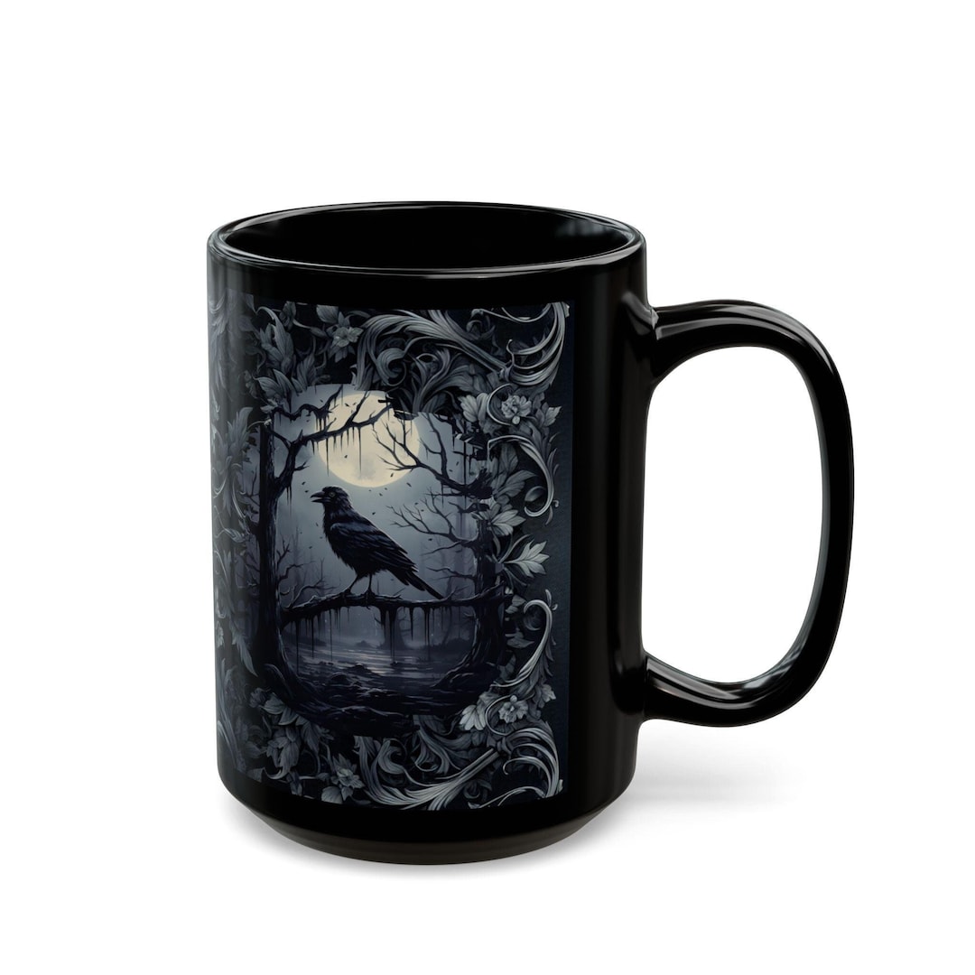 Medieval Floral Crow Mug, Black Crow Coffee Mug, Dark Academia Fall ...