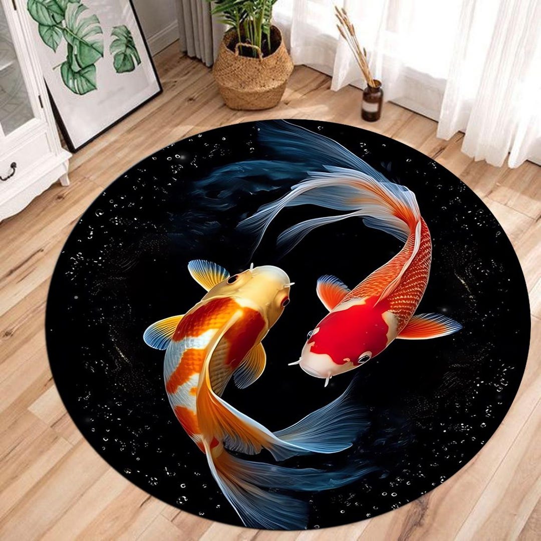 Japanese Koi Fish Area Rug, Zen Yin Yang Pond Decor, Modern Black ...