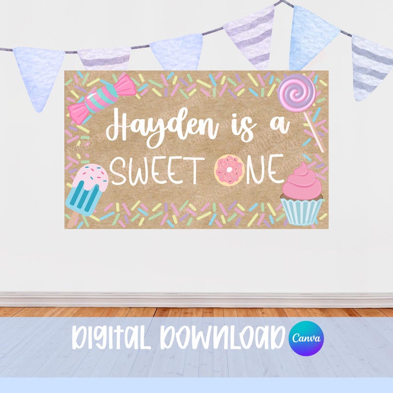 A Sweet One First Birthday Banner Template, Editable Canva Banner ...