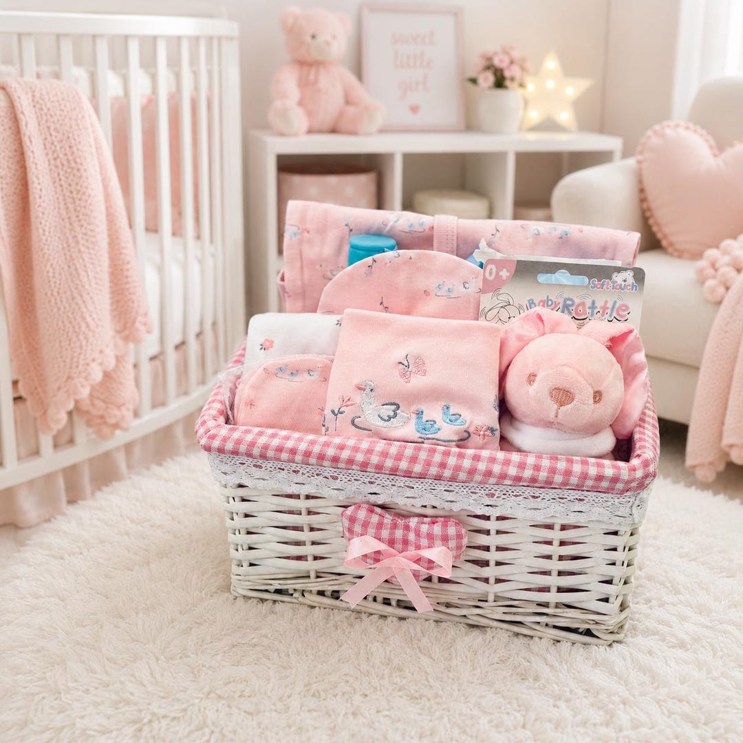 Baby Girl Pink Bird Gift Basket: White Pink Clothing, Rattle & Baby ...