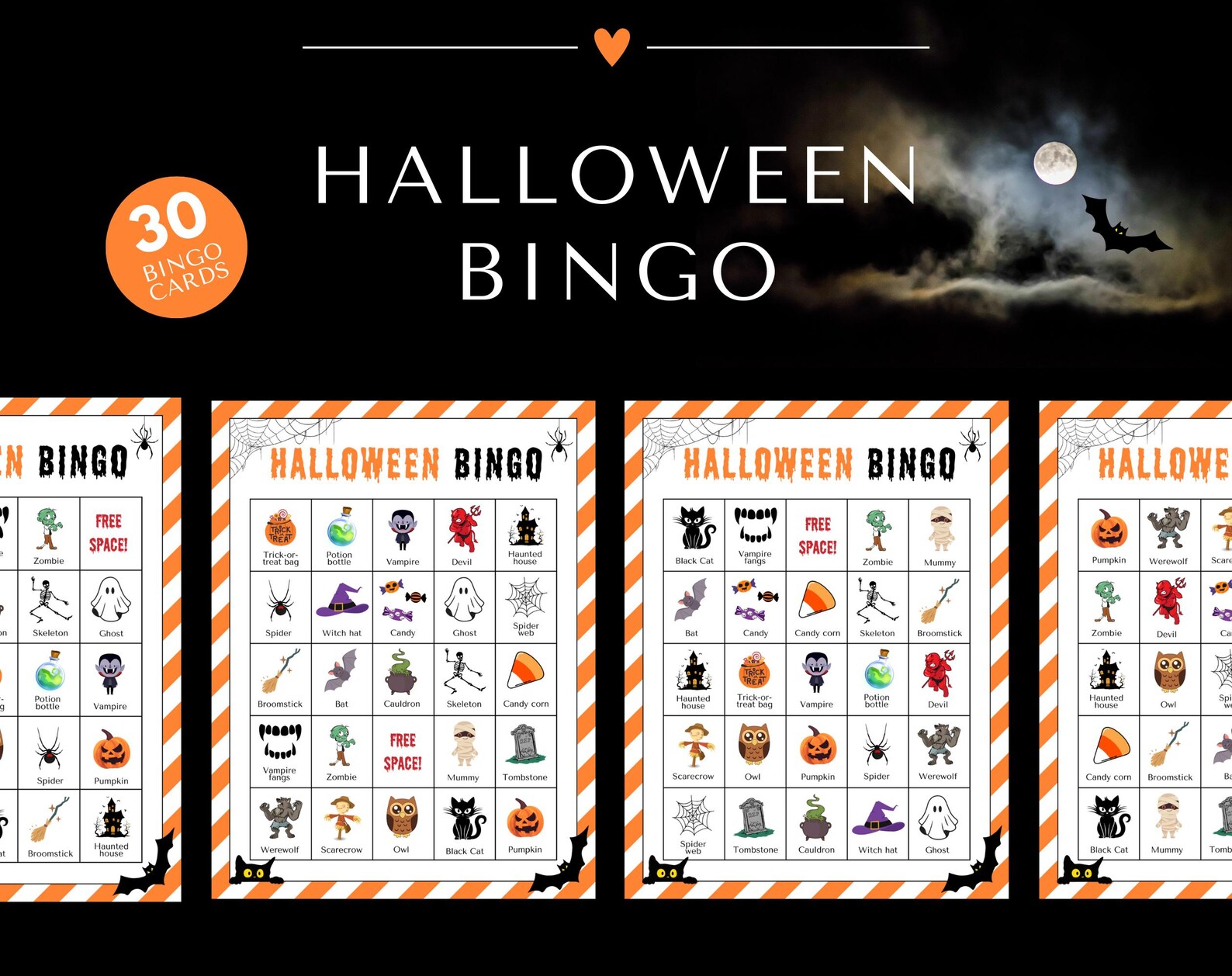 30 Halloween Bingo Cards Printable Spooky Bingo Halloween Activities ...