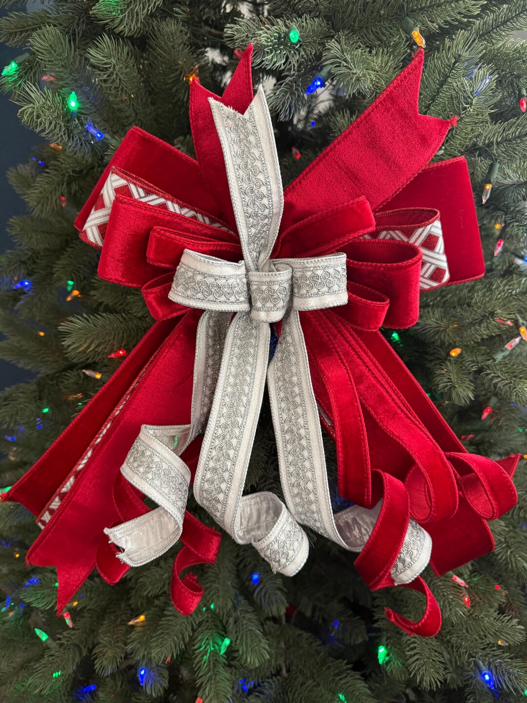 Red Velvet and Silver Christmas Bow – Elegant Tree Topper or Wreath Bow ...