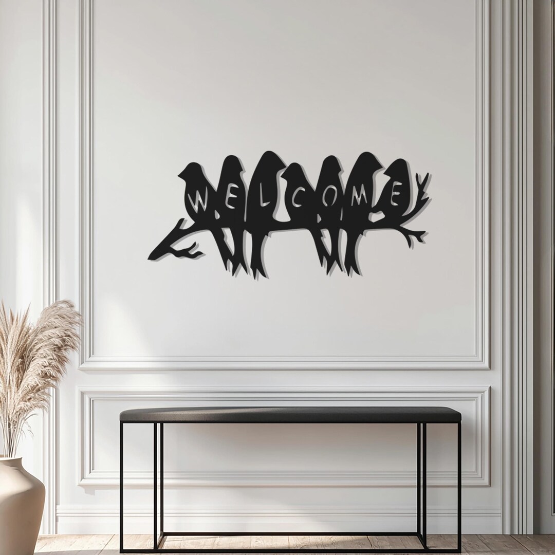 Modern Metal Wall Art Welcome Sign With Birds Black Rustic Metal ...