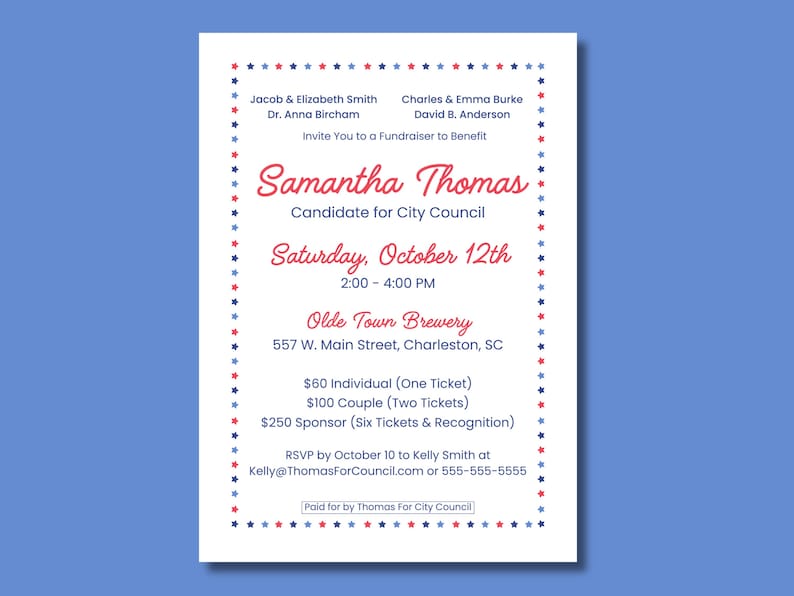 Political Fundraiser Invitation Canva Template - Red White and Blue ...