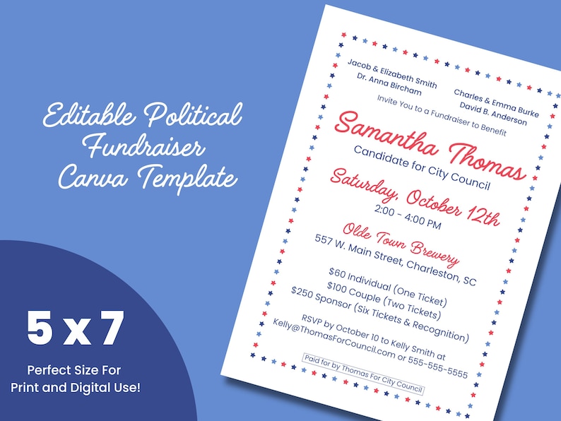 Political Fundraiser Invitation Canva Template - Red White and Blue ...