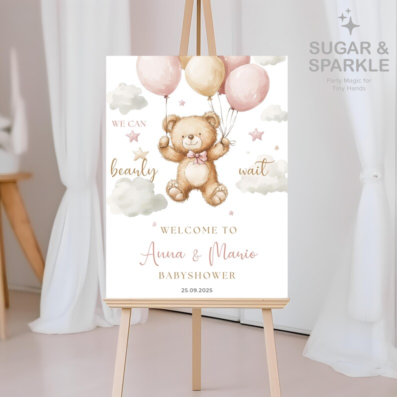 Teddy Bear Baby Shower Welcome Sign We Can Bearly Wait Pink & Beige ...