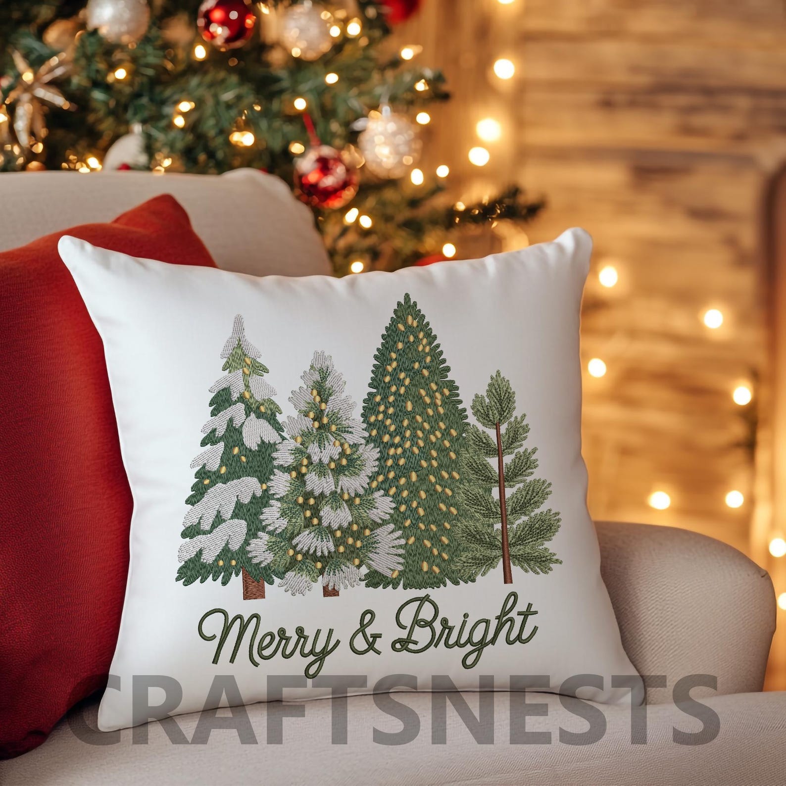 Merry and Bright Trees Embroidery, Christmas Tree Embroidery Design ...