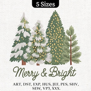Merry and Bright Trees Embroidery, Christmas Tree Embroidery Design ...