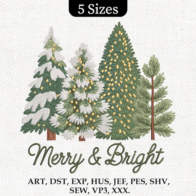 Merry and Bright Trees Embroidery, Christmas Tree Embroidery Design ...