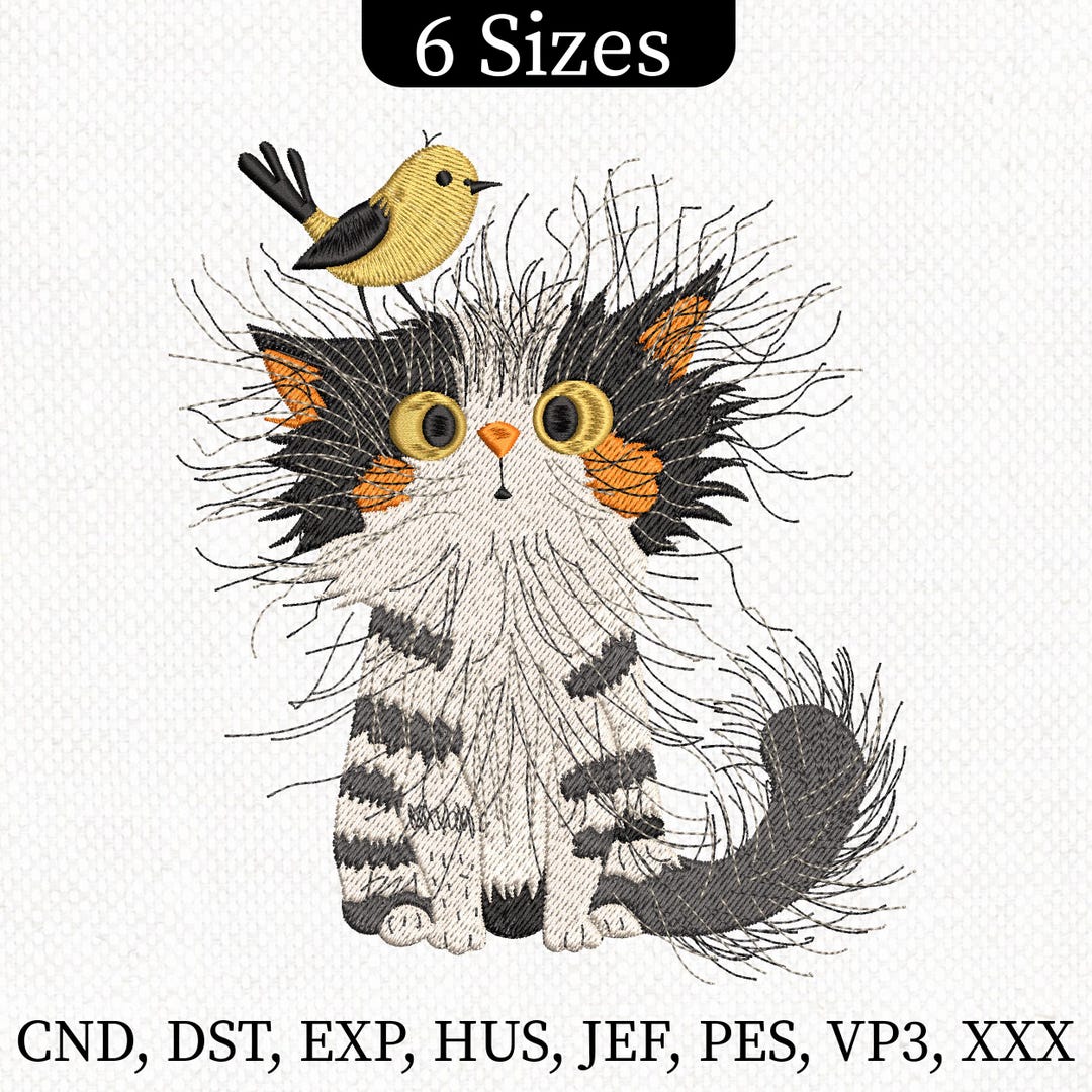 Whimsical Fluffy Cat & Bird Embroidery Design, Cute Kitten Machine ...