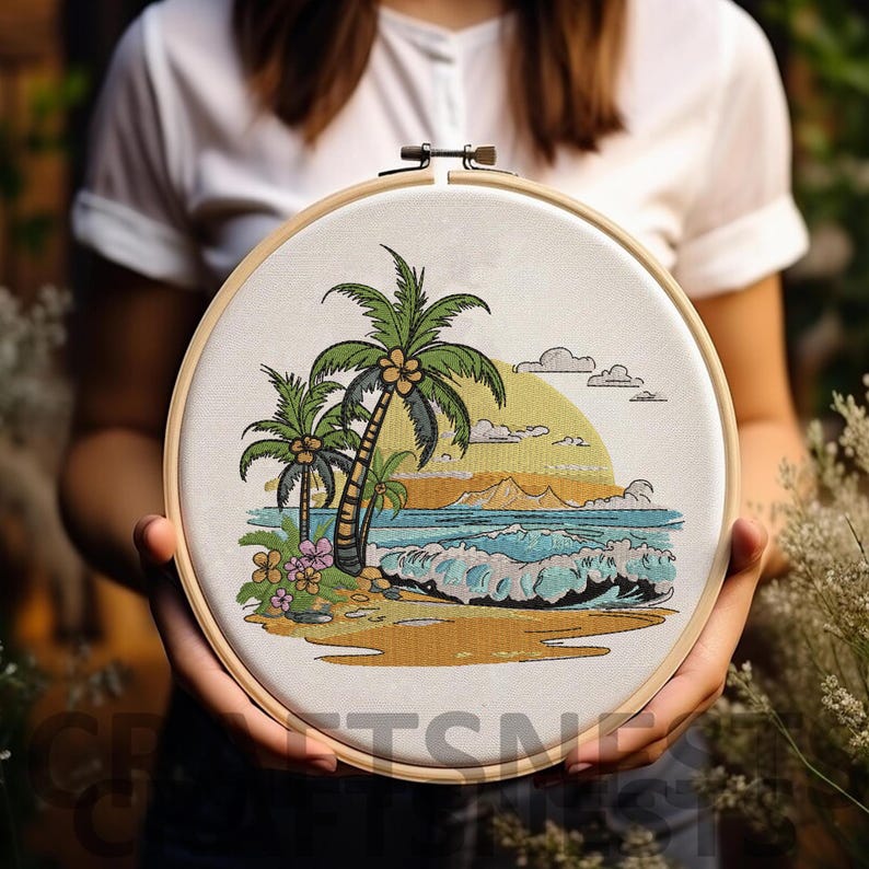 Tropical Beach Sunset Embroidery Design, Summer Palm Tree Ocean Waves ...