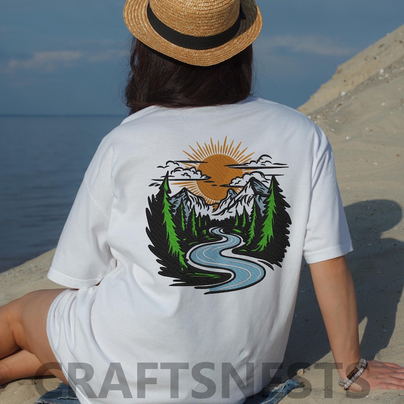 Mountain Embroidery Design, Forest Pine Trees and Mountains Lake ...