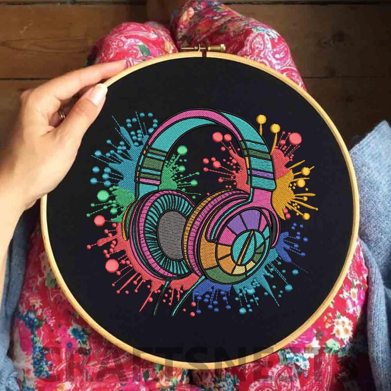 Headphone Splash Embroidery Design, Colorful Headphones Embroidery ...