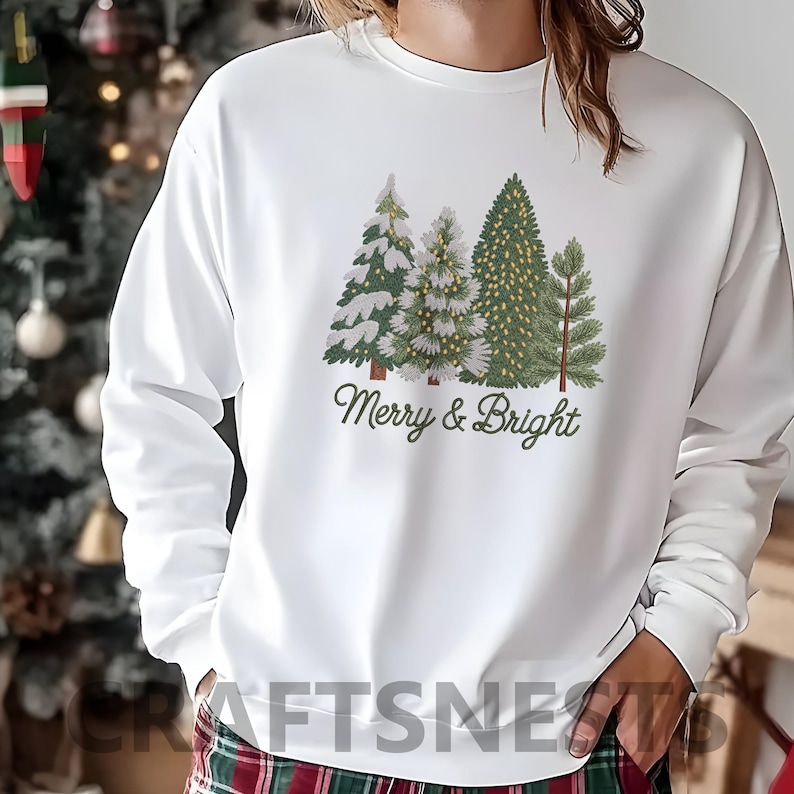 Merry and Bright Trees Embroidery, Christmas Tree Embroidery Design ...