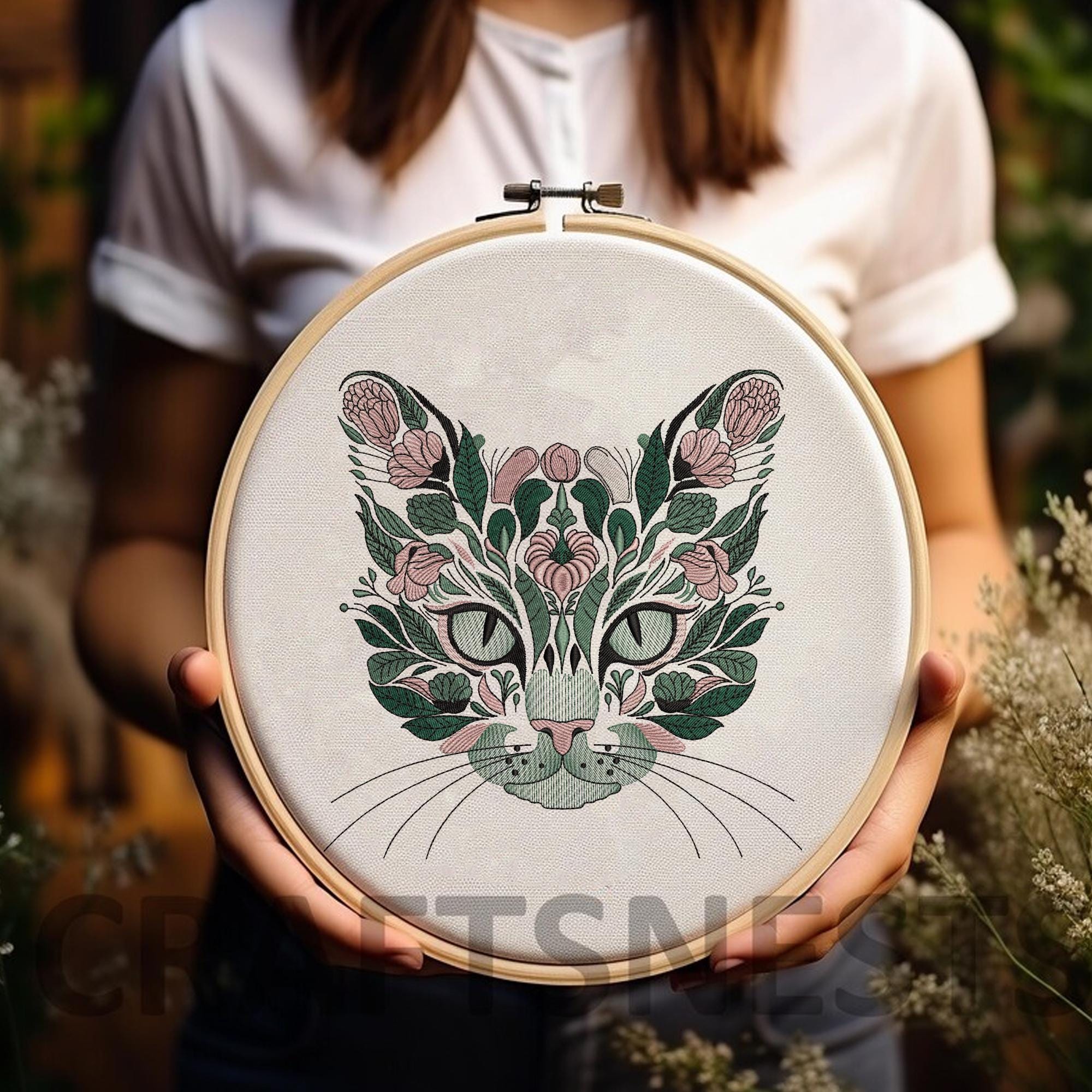 Floral Cat Machine Embroidery Design, Cute Cat Embroidery, Leaf Cat ...
