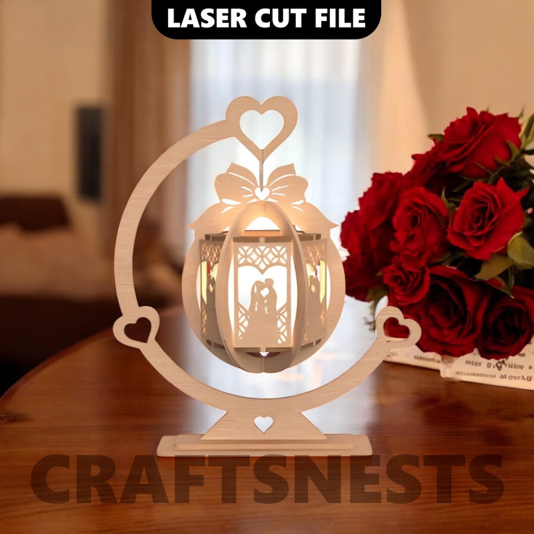 Romantic Lantern Laser Cut File 3D Valentines Day Glow Light Decoration Tealight Candle Holder ...