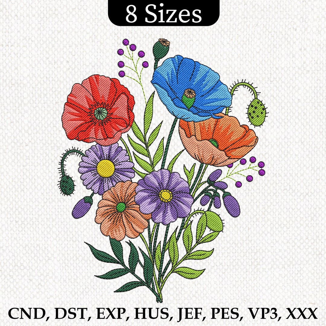 Wildflower Bouquet Embroidery Design, Cottagecore Floral (PES File ...