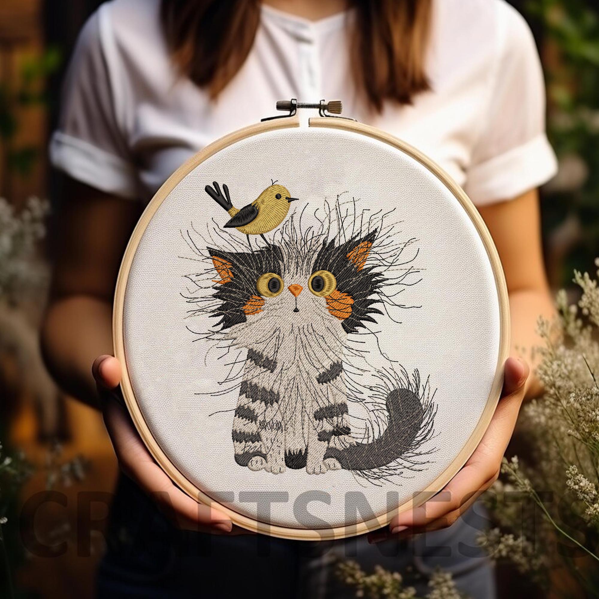 Whimsical Fluffy Cat & Bird Embroidery Design, Cute Kitten Machine ...