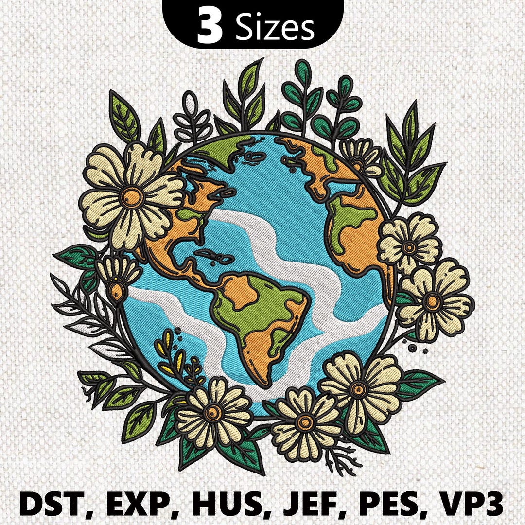 Floral Earth Embroidery Design Earth Day Globe With Flowers Eco ...