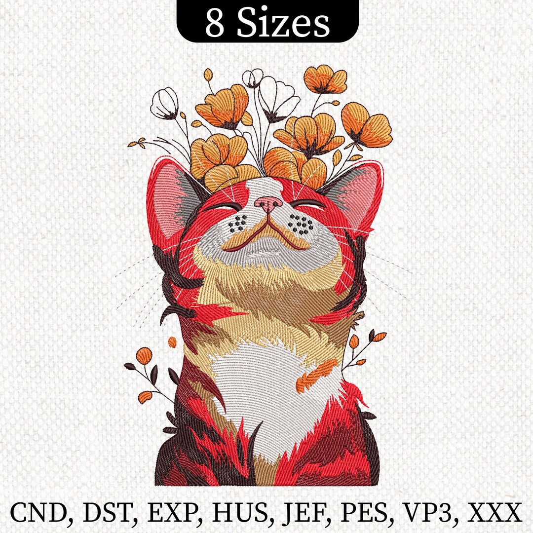Floral Cat Embroidery Design, Cute Cat With Flowers Digital Machine ...