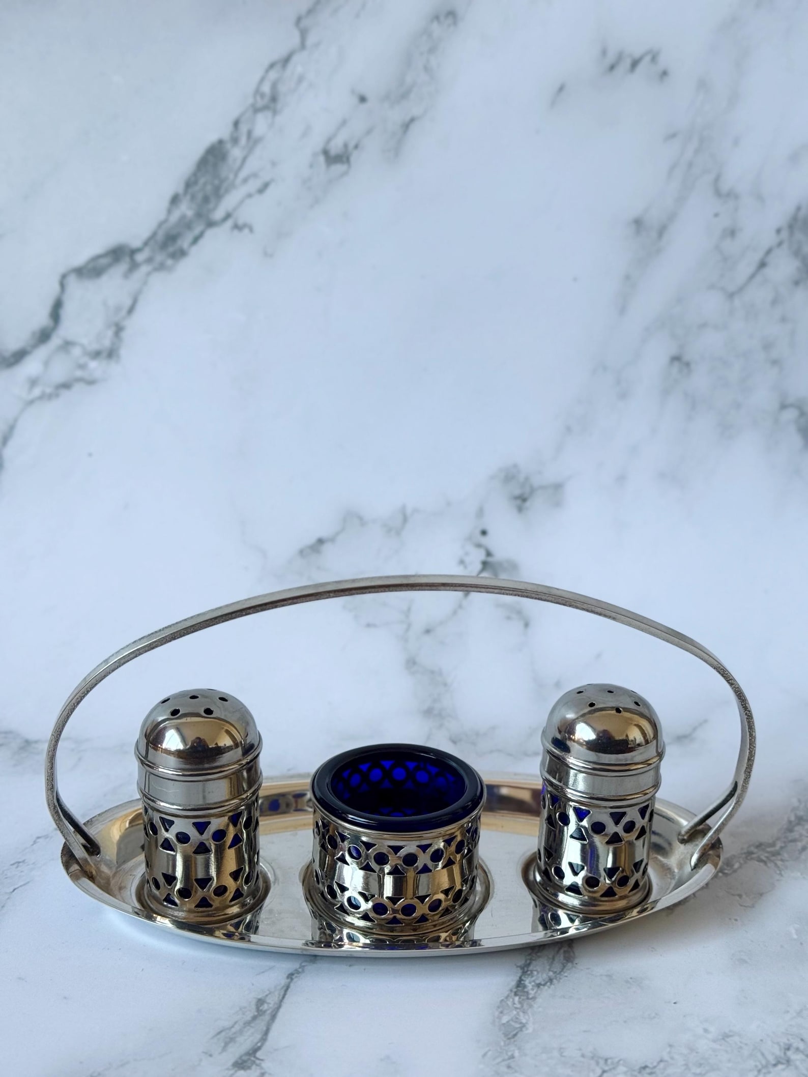 Vintage Apex EPNS Silver Condiment Set With Cobalt Glass Inserts – Salt ...