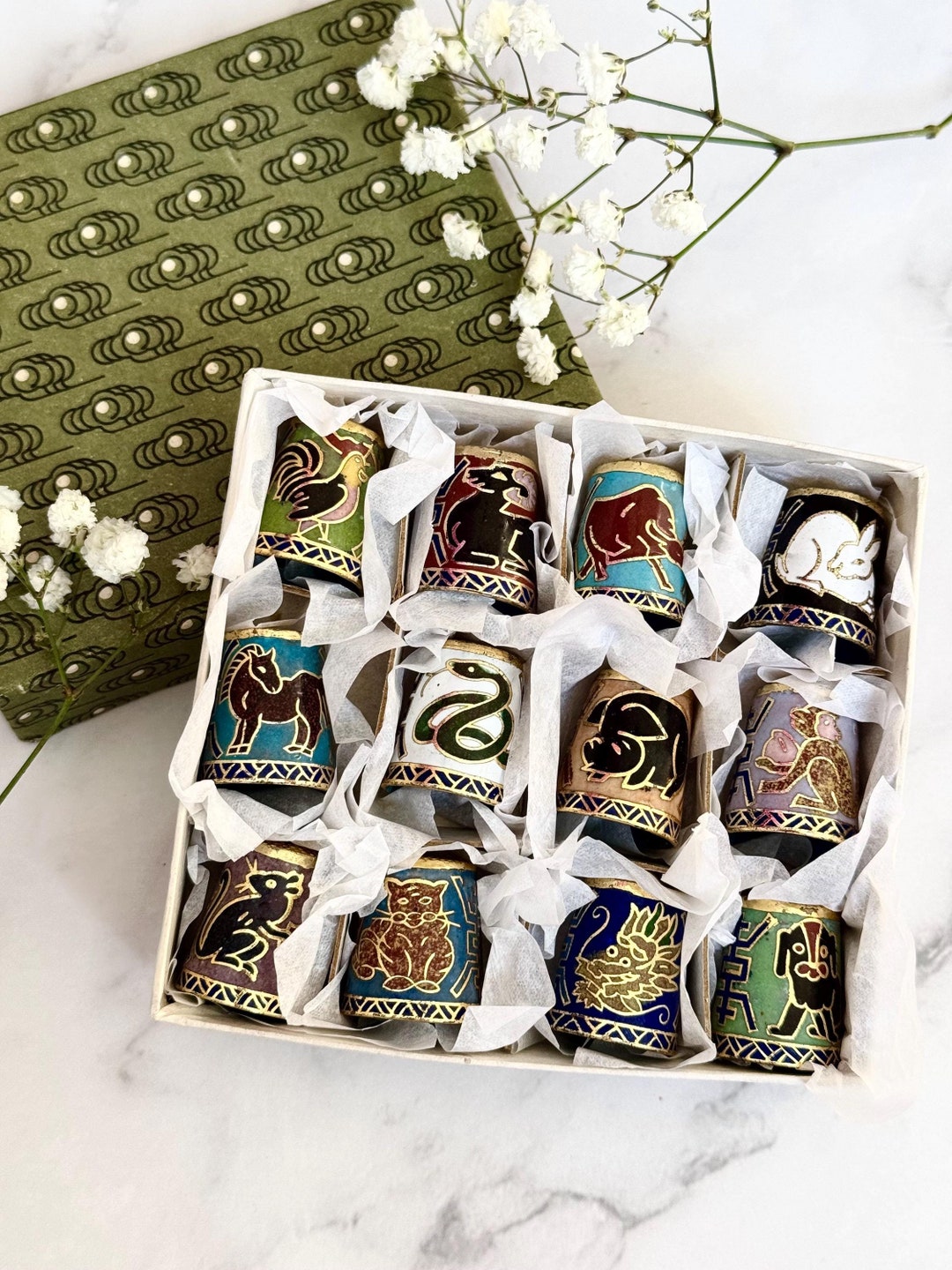 Vintage Chinese Cloisonné Thimble Collection, Set of 12 Zodiac Sign ...