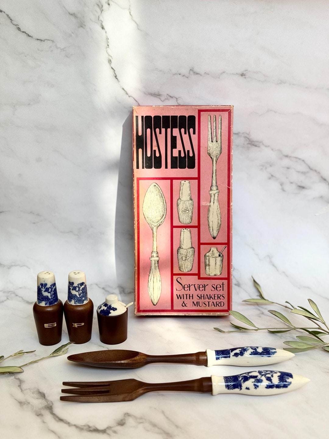 Retro Hostess Serving Set With Shakers, Ceramic Handled Wooden Servers ...