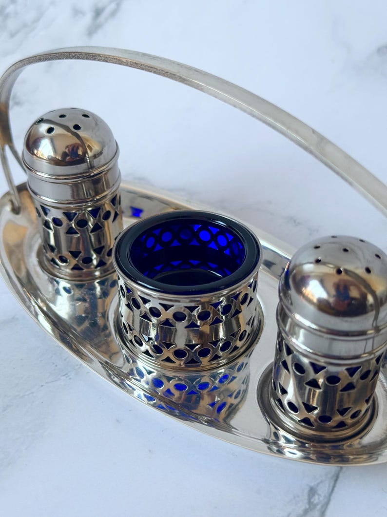 Vintage Apex EPNS Silver Condiment Set With Cobalt Glass Inserts – Salt ...