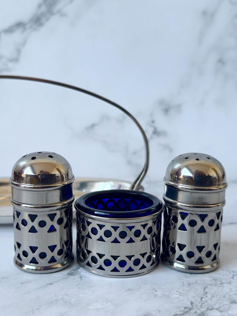 Vintage Apex EPNS Silver Condiment Set With Cobalt Glass Inserts – Salt ...