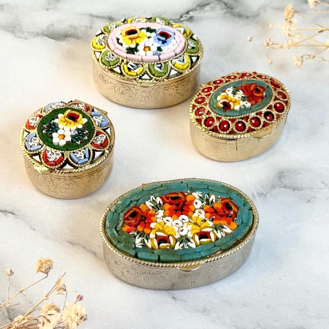 Vintage Italian Micro Mosaic Pill Boxes, Floral Italian Trinket Box ...