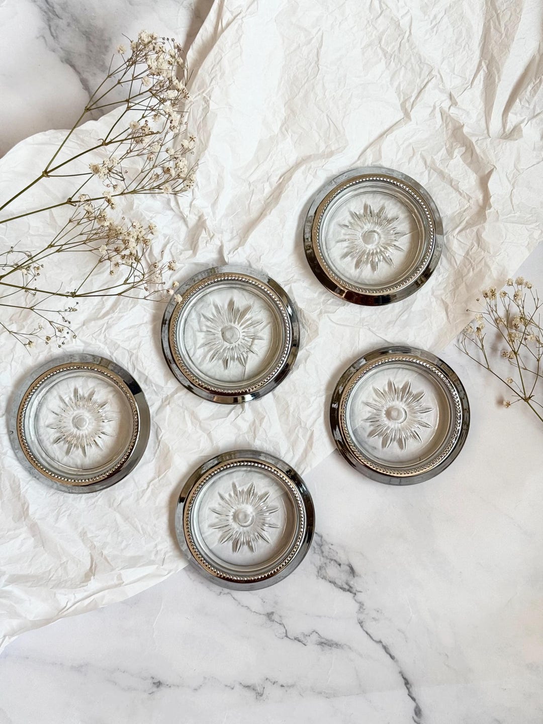Set of 5 Vintage Silver Rim Crystal Coasters, Silverplated Clear Glass ...
