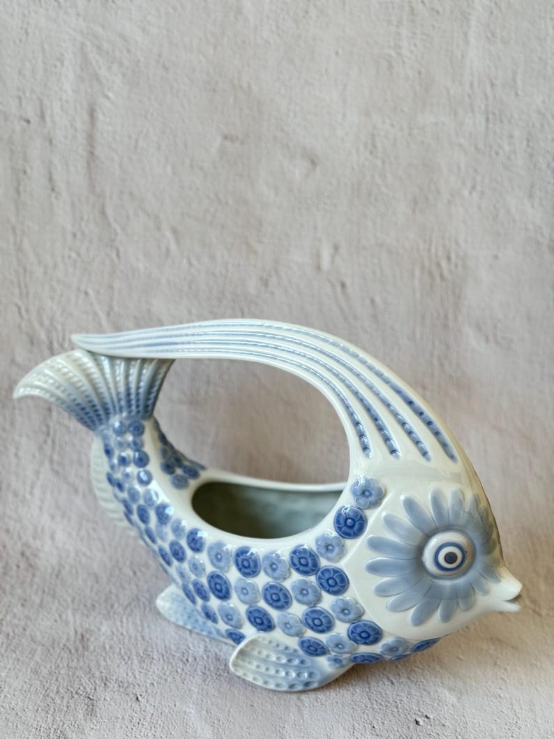 Vintage Lladro Porcelain Blue & White Fish Centerpiece or Planter ...