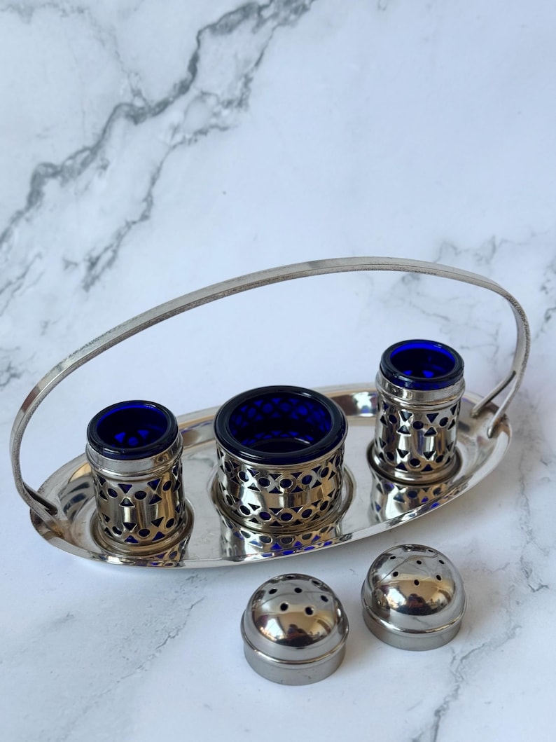 Vintage Apex EPNS Silver Condiment Set With Cobalt Glass Inserts – Salt ...