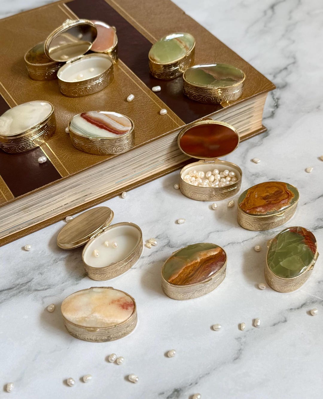 New OLD STOCK 1970s Vintage Green Pink Onyx Gold Plated Pill Box, MCM ...