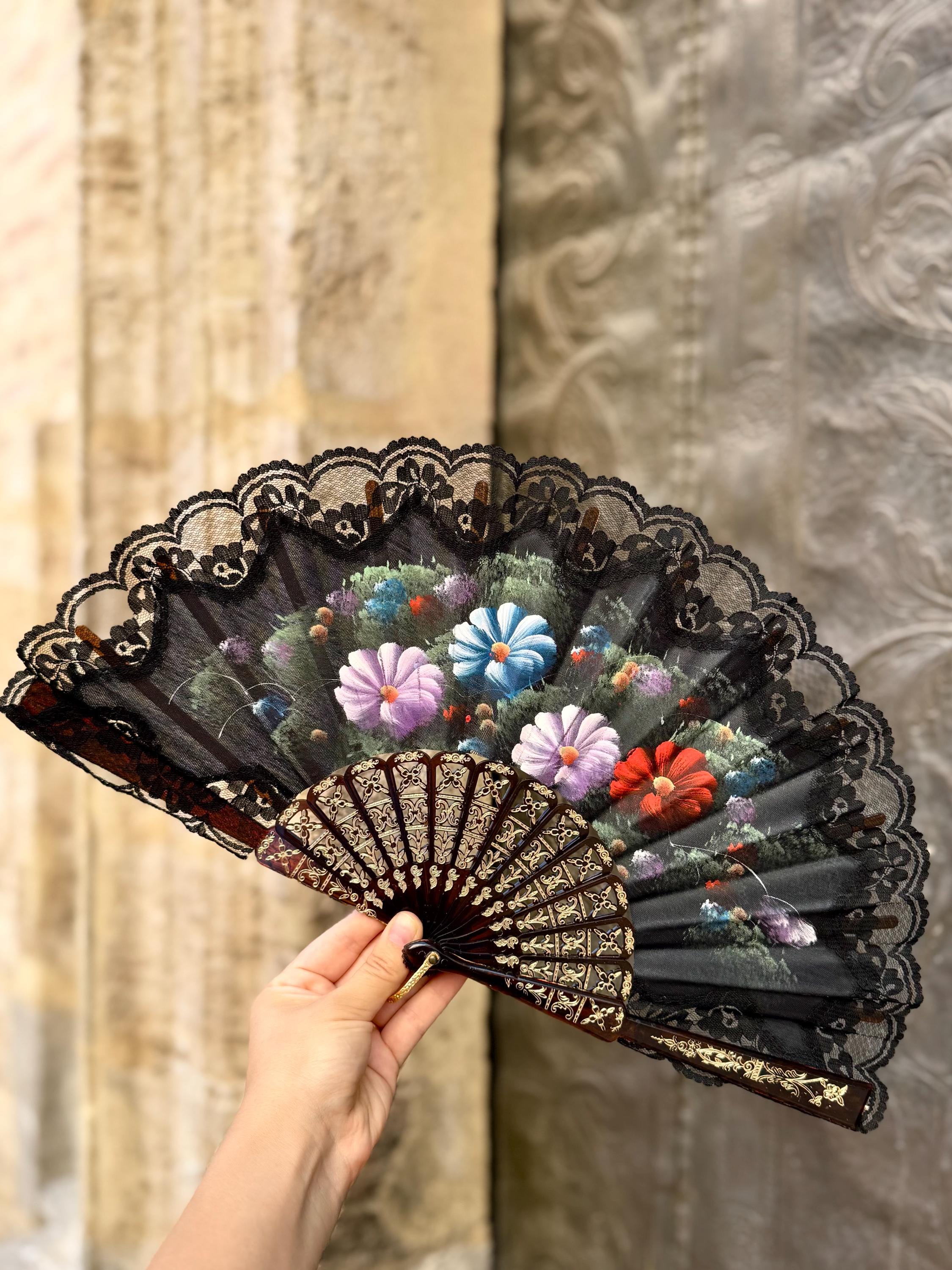 Vintage 1980s Hand Painted Spanish Abanico Hand Fan, Flamenco Fan With ...
