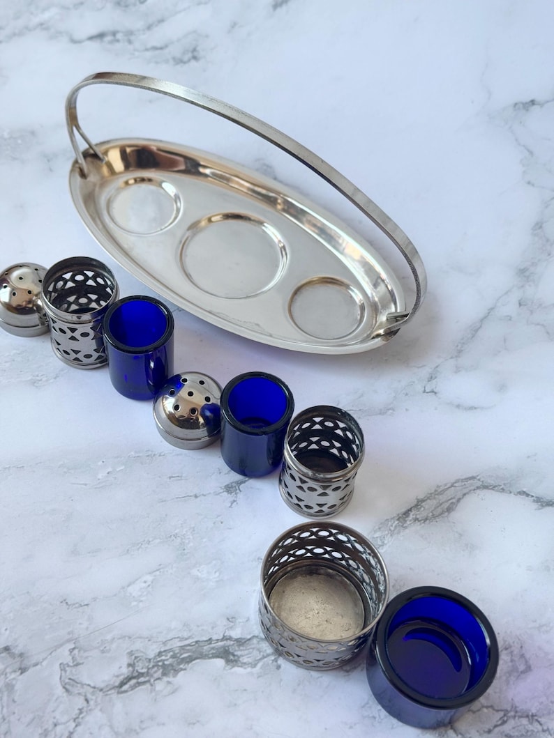 Vintage Apex EPNS Silver Condiment Set With Cobalt Glass Inserts – Salt ...
