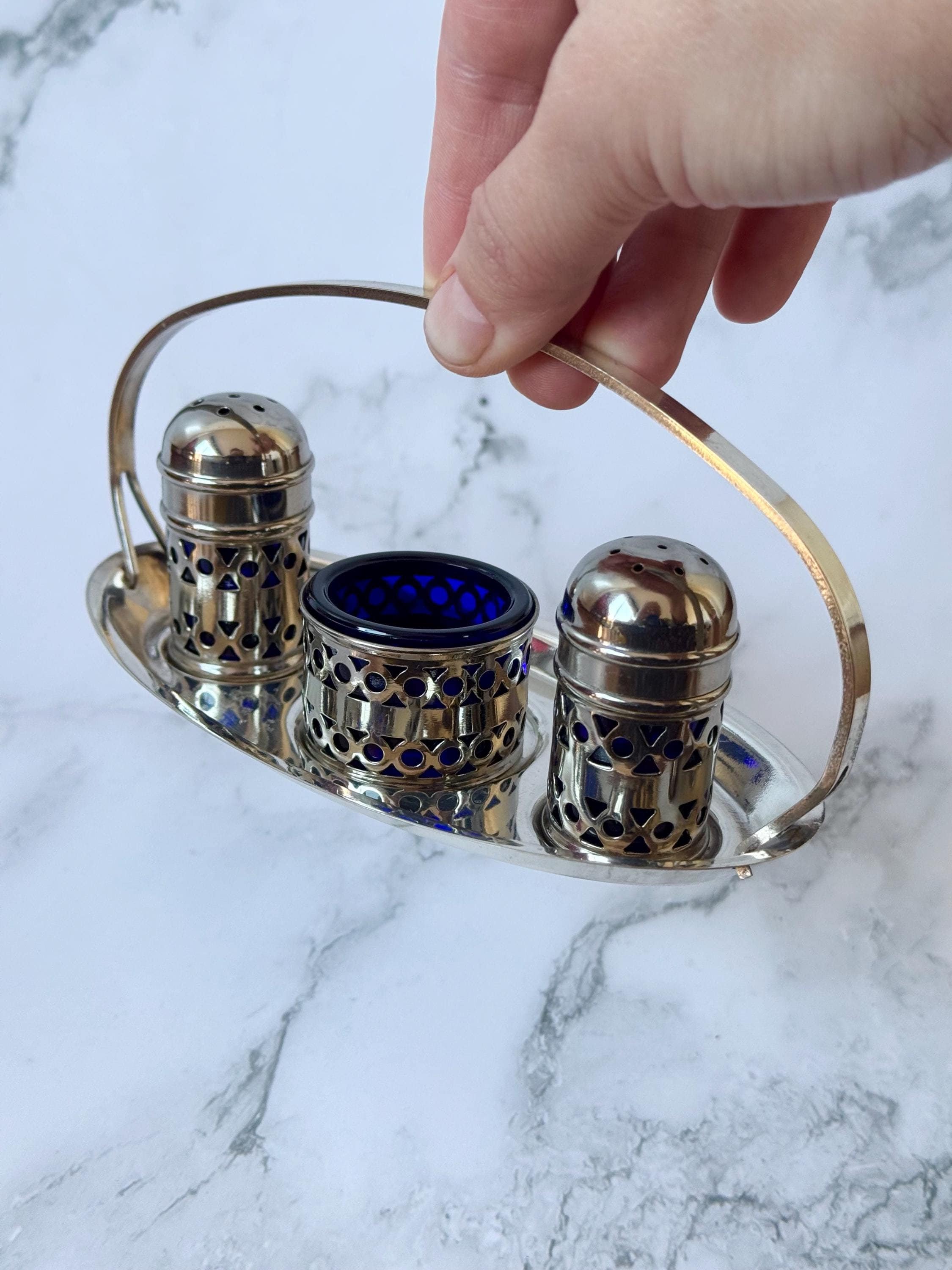 Vintage Apex EPNS Silver Condiment Set With Cobalt Glass Inserts – Salt ...