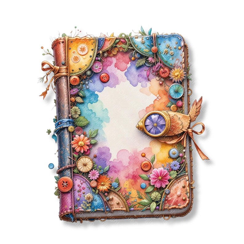 Junk Journal Clipart | Watercolor Button Floral Book Illustration ...