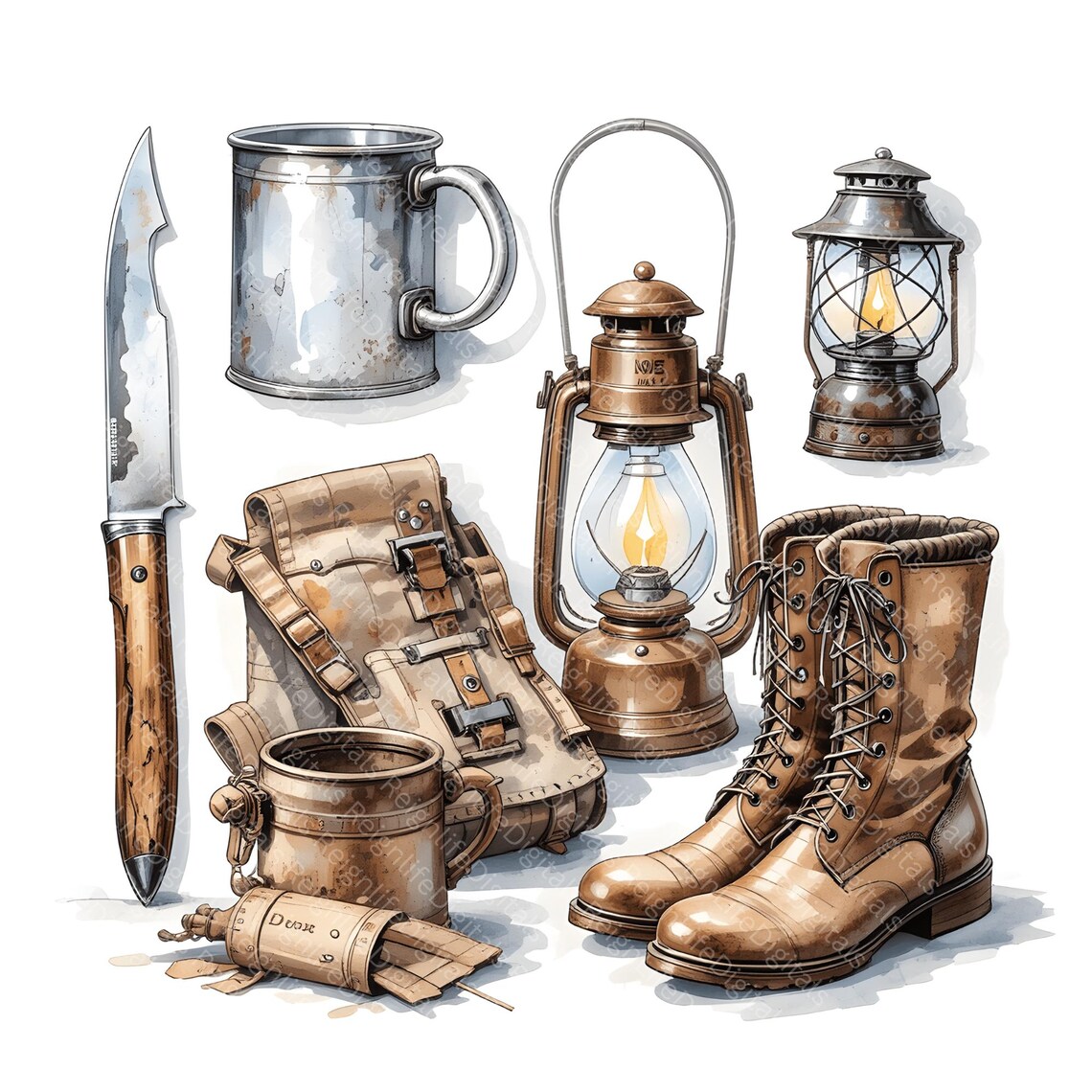 Watercolor Fishing Clip Art | Fishing Tackle, Lures, Rods, Boots, Vest ...