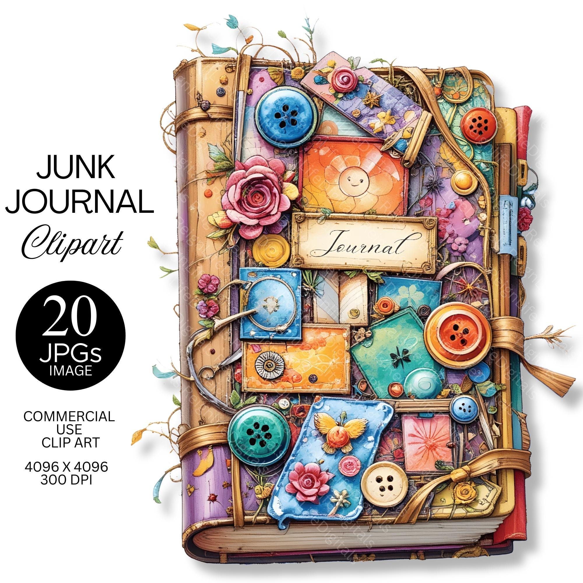 Junk Journal Clipart | Watercolor Button Floral Book Illustration ...
