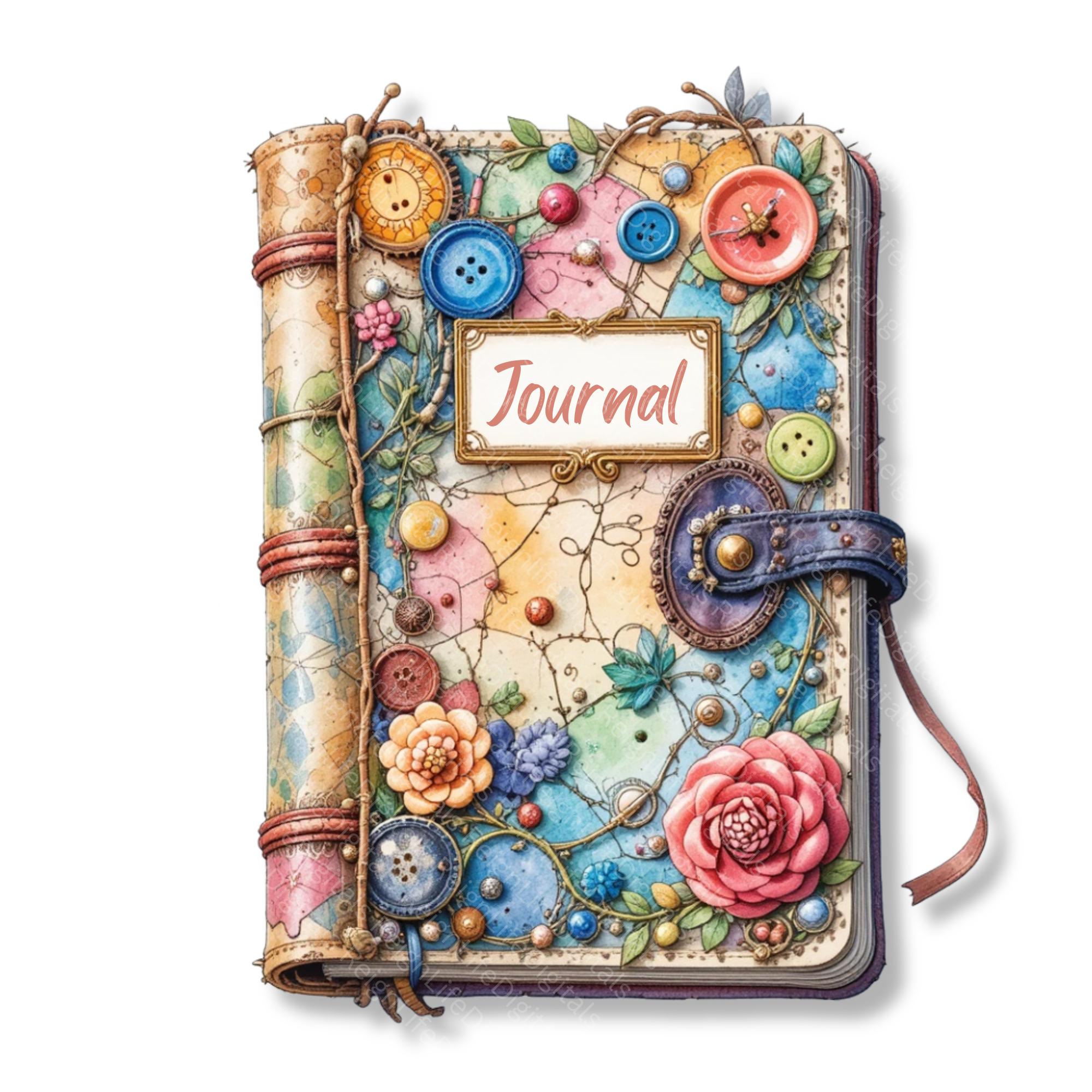 Junk Journal Clipart | Watercolor Button Floral Book Illustration ...