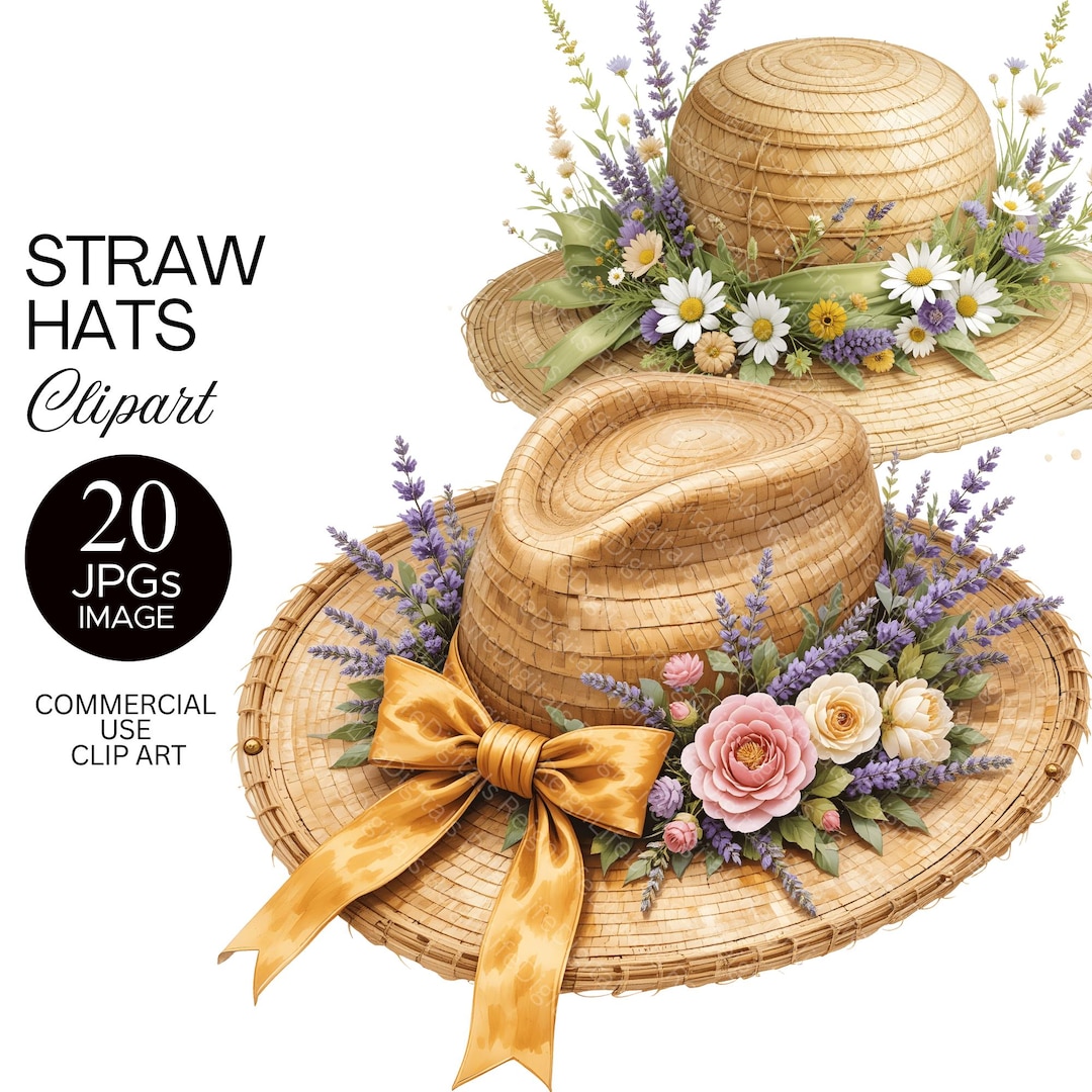 Watercolor Summer Hat Clipart | Womens Boho Sun Hat | Vintage Straw Hat ...